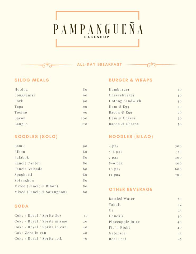 Menu at Pampangueña Bakeshop restaurant, Tuguegarao City