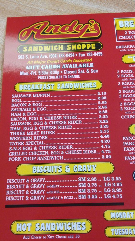Menu at Andy's Sandwich Shoppe fast food, Jacksonville, 503 Lane Ave S