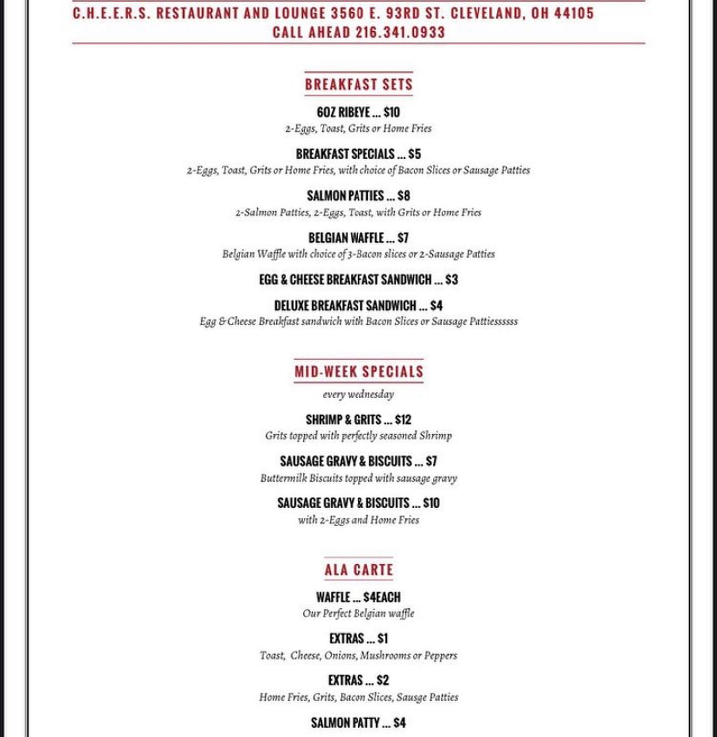 Menu at Cheers pub & bar, Cleveland
