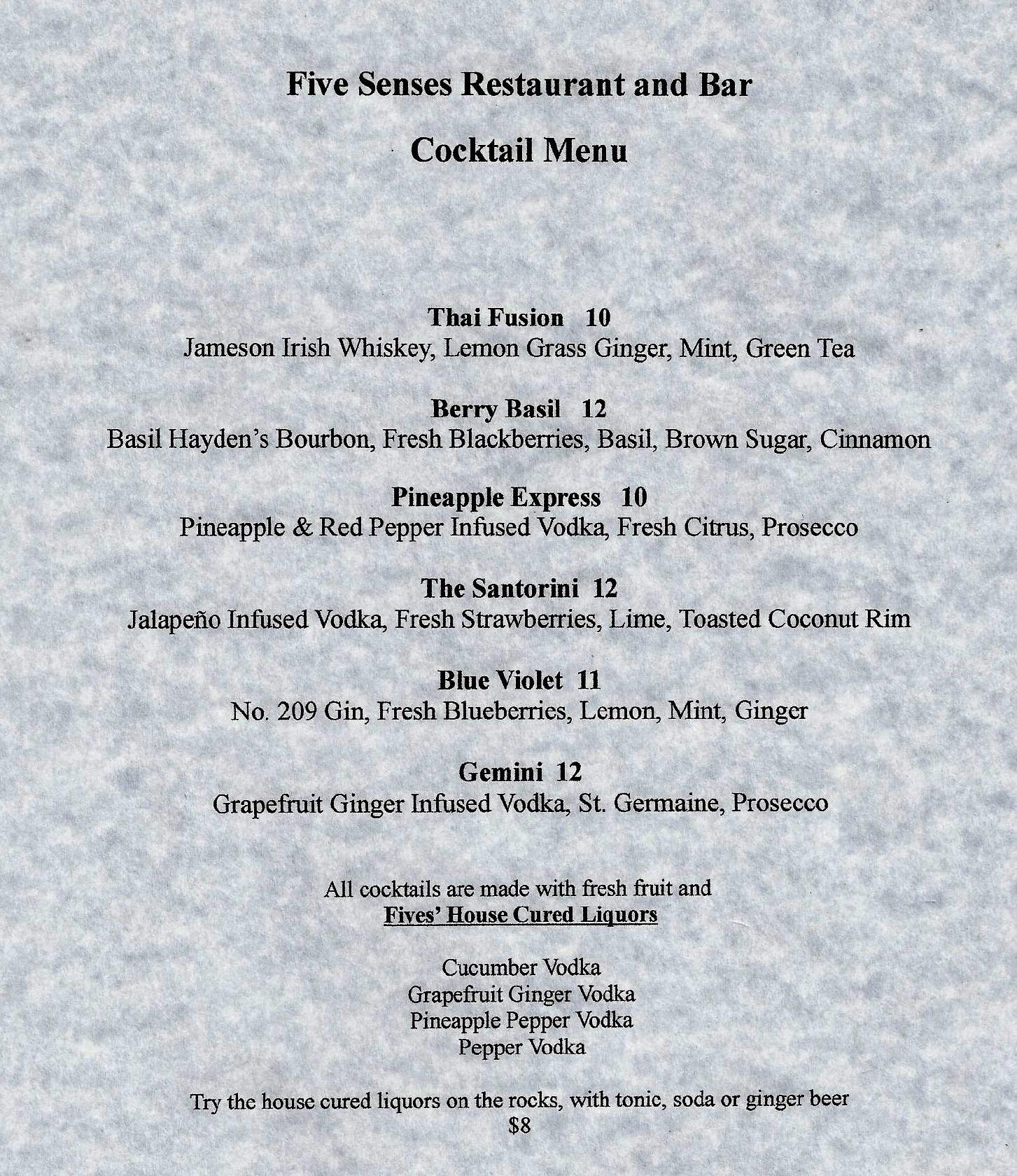 Menu at Five Senses Restaurant, Bar & Catering, Murfreesboro