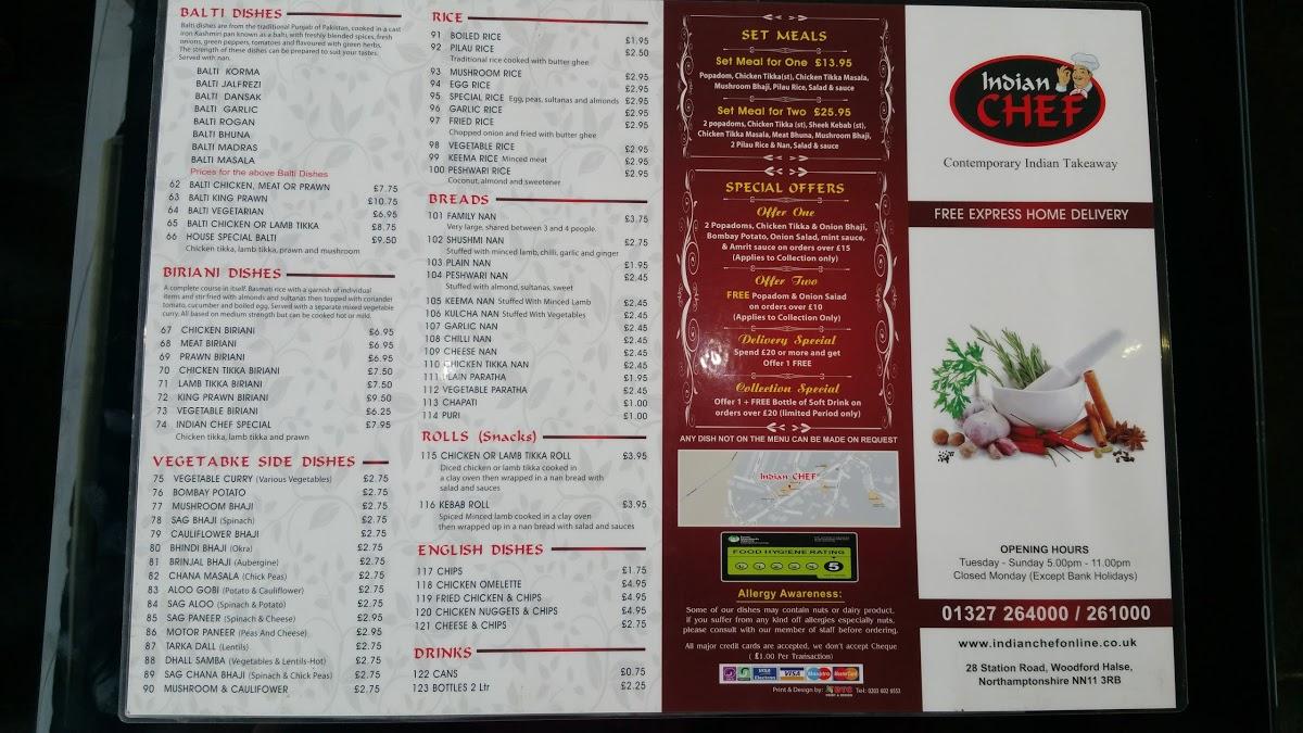 Menu at Indian Chef restaurant, Woodford Halse