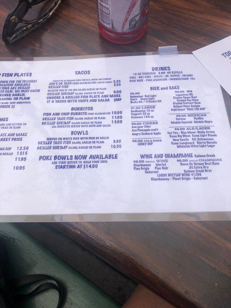 Menu at Jon's Fish Market restaurant, Dana Point