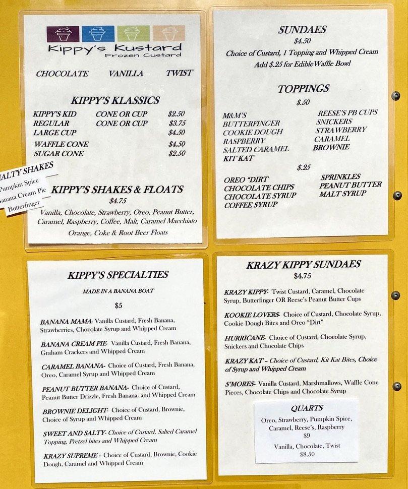 Menu at Kippy's Kustard, Roanoke