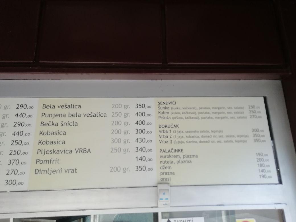 Menu at Restoran Stara Vrba restaurant, Belgrade