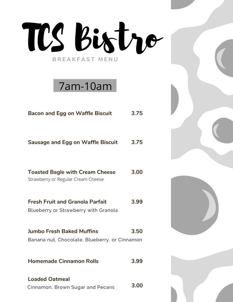 Menu at TCS Bistro (The Century Shoppe) pub & bar, Center