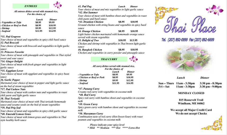 Menu at Thai Place restaurant, Windham