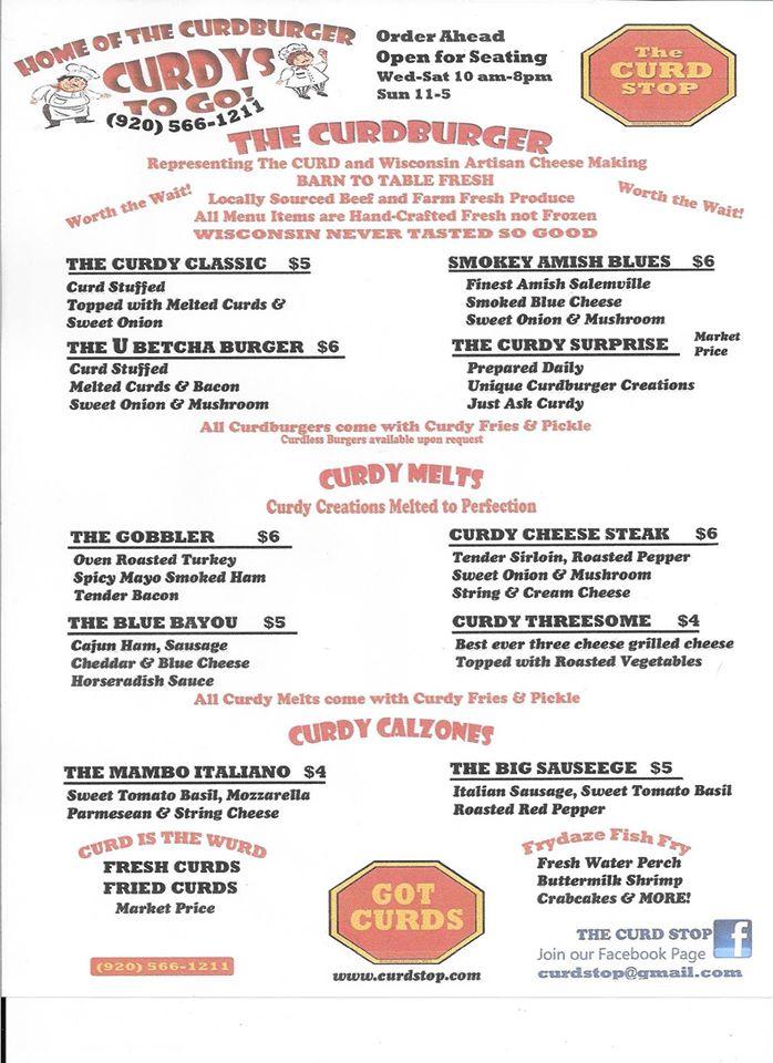Menu at The Curd Stop restaurant, Redgranite
