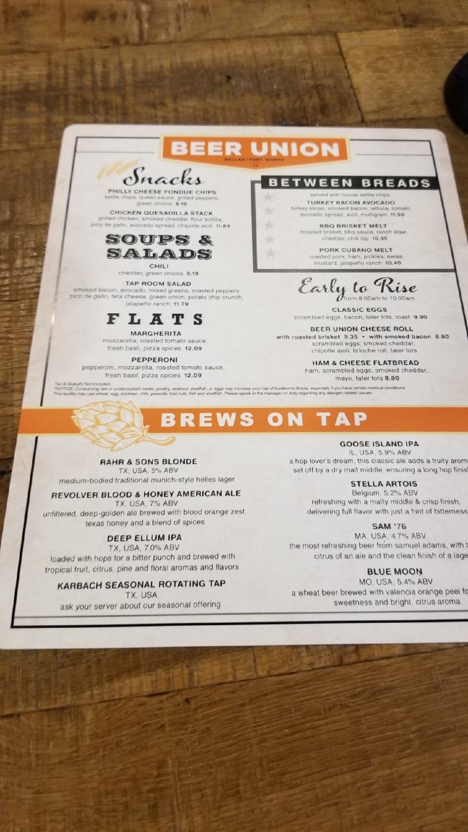 Menu at Beer Union pub & bar, Grapevine, Aviation Dr