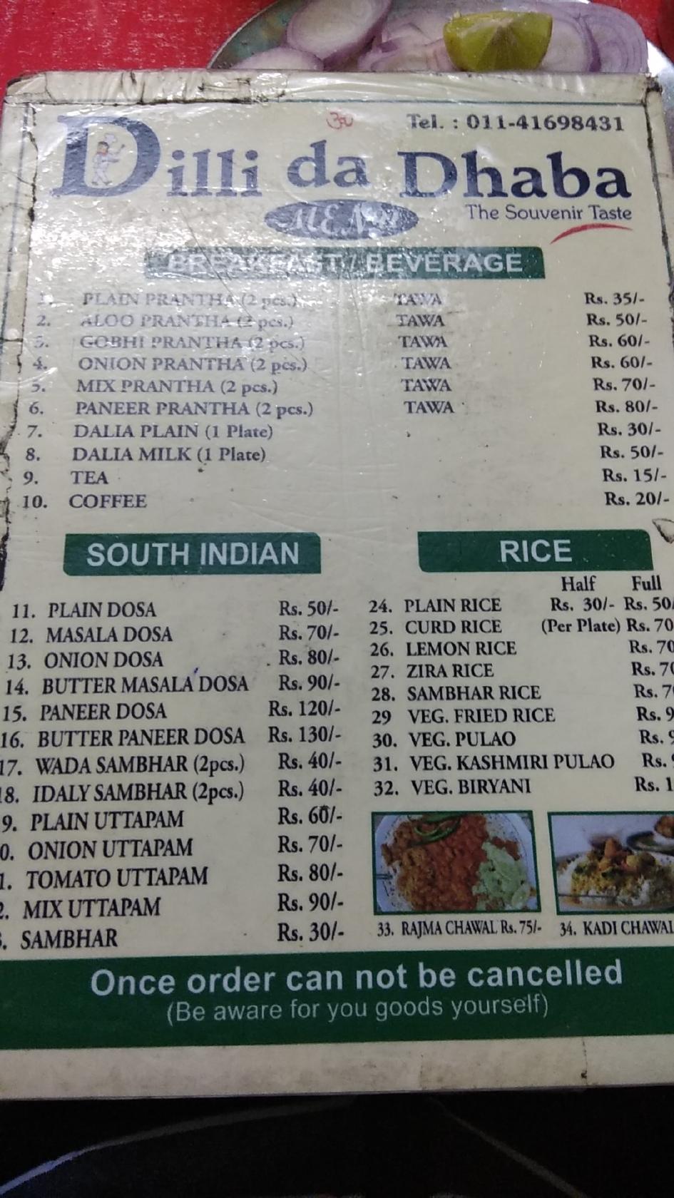 Menu at Dilli Da Dhaba, New Delhi