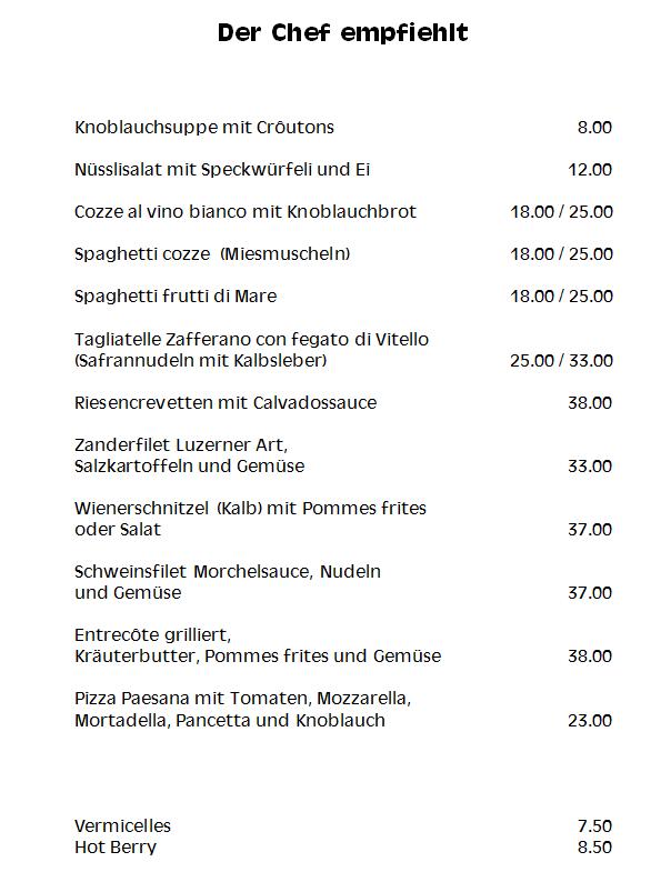 Menu da Restaurant Pizzeria Krone Baar, Baar