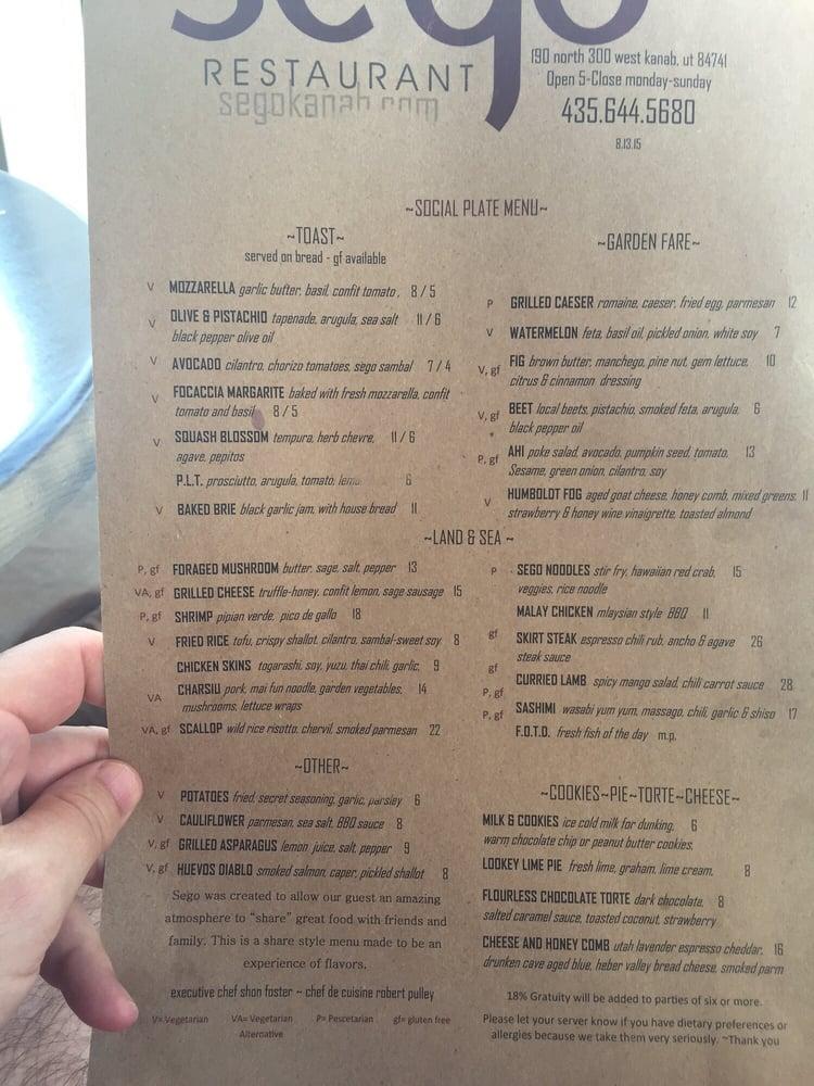 Menu at Sego Restaurant, Kanab