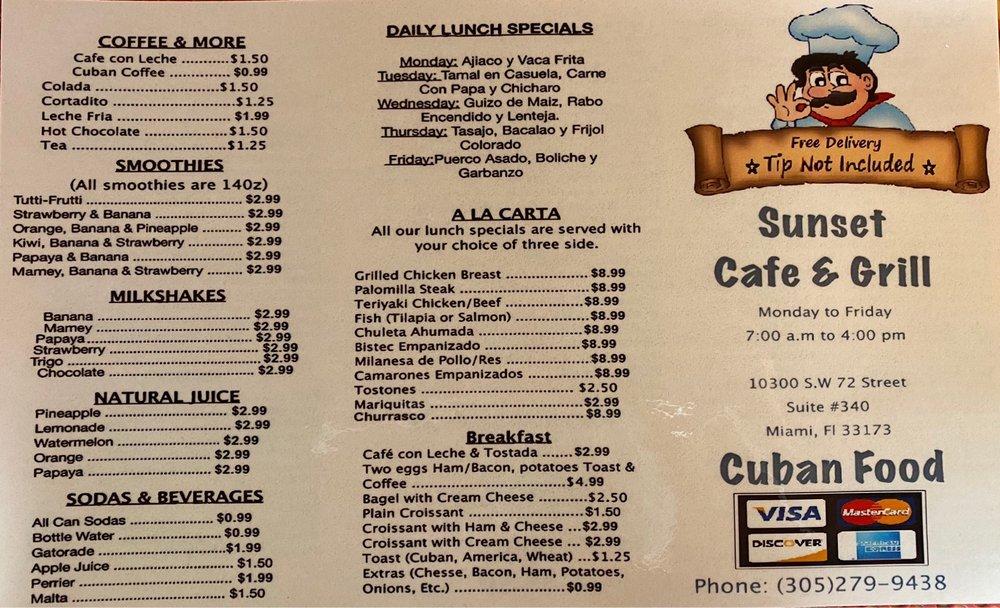 Carta de Sunset Cafe Grill, Miami, SW 72nd St # 340