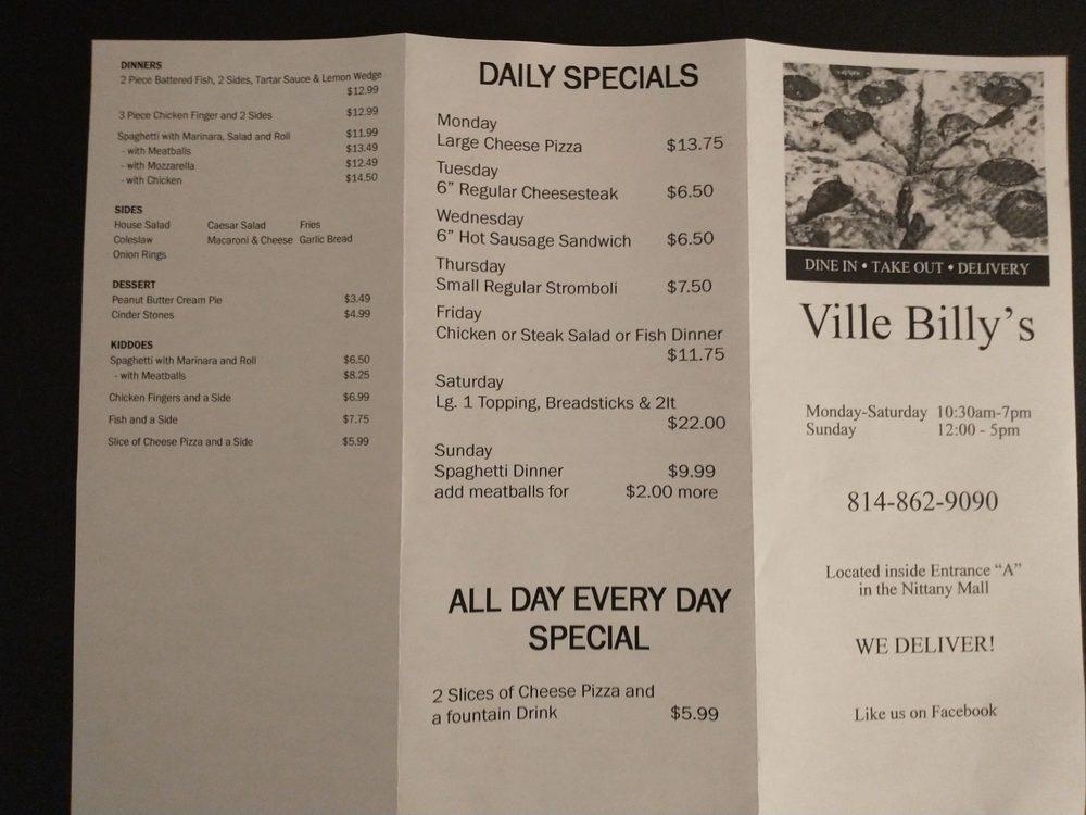Menu at Ville Billy`s LLC pizzeria, State College