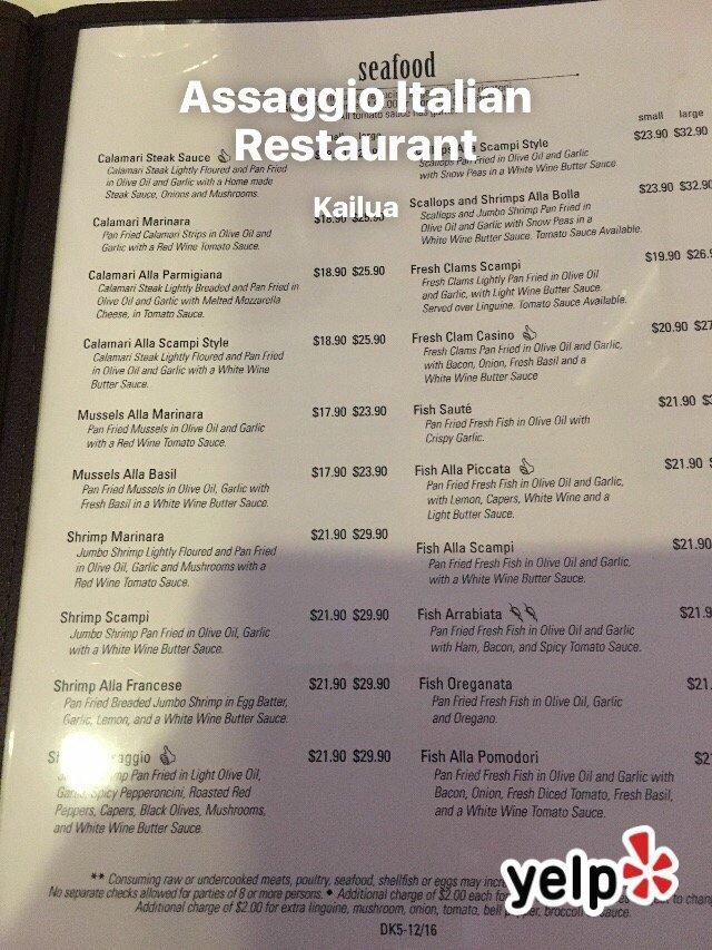 Menu at Assaggio Kailua restaurant, Kailua, 354 Uluniu St #101