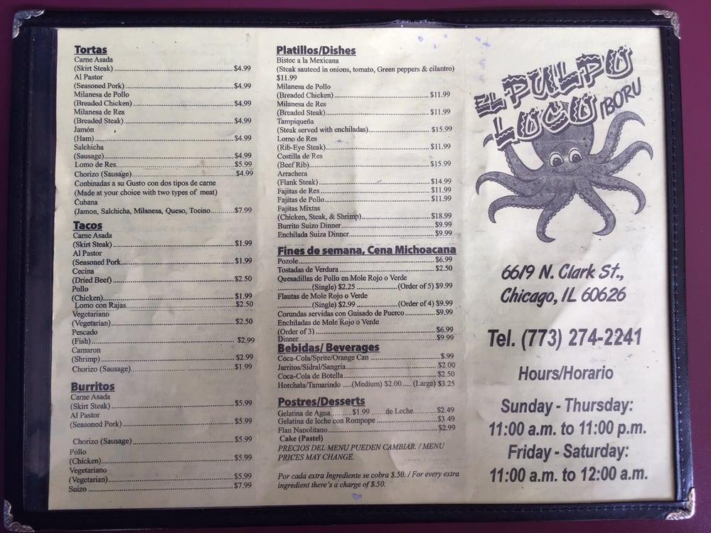 Menu at El Pulpo Loco Restaurant, Chicago