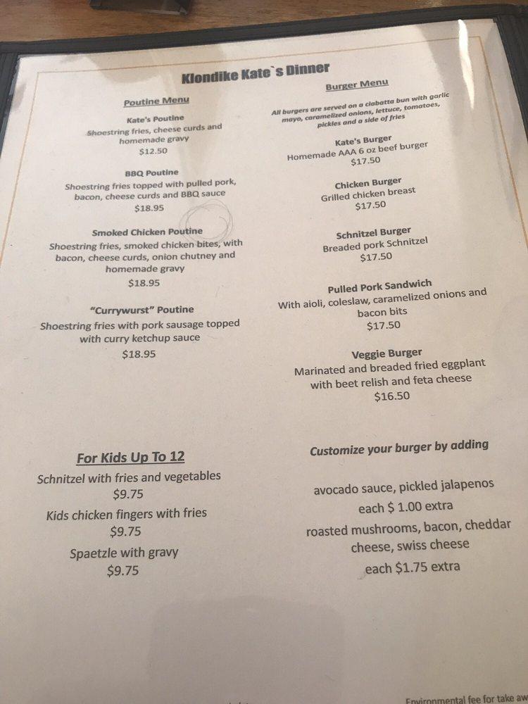 Menu at Klondike Kate's Restaurant, Dawson
