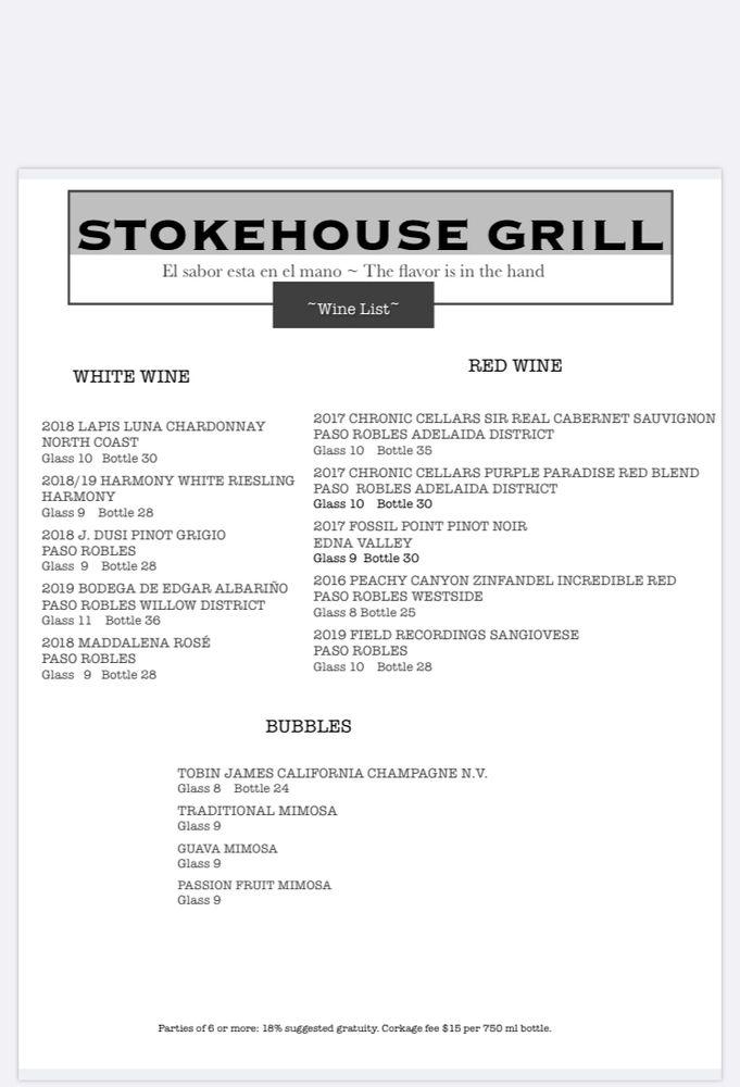 Menu at Stokehouse Grill restaurant, Paso Robles