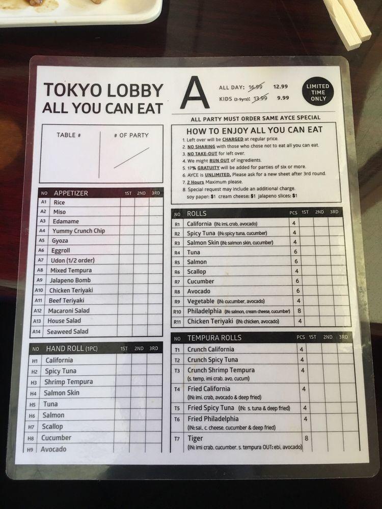 Menu at Tokyo Lobby Restaurant, Hacienda Heights