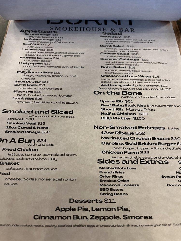 Carta de Burnt Smokehouse & Bar, Boca Raton