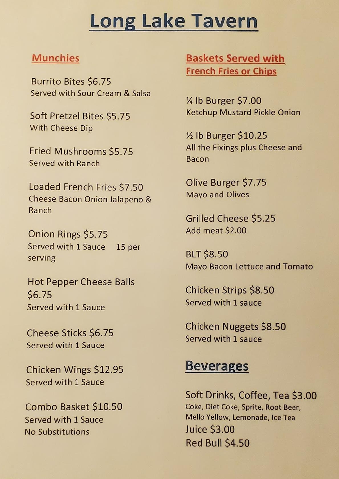 Menu at Long Lake Tavern pub & bar, Portage