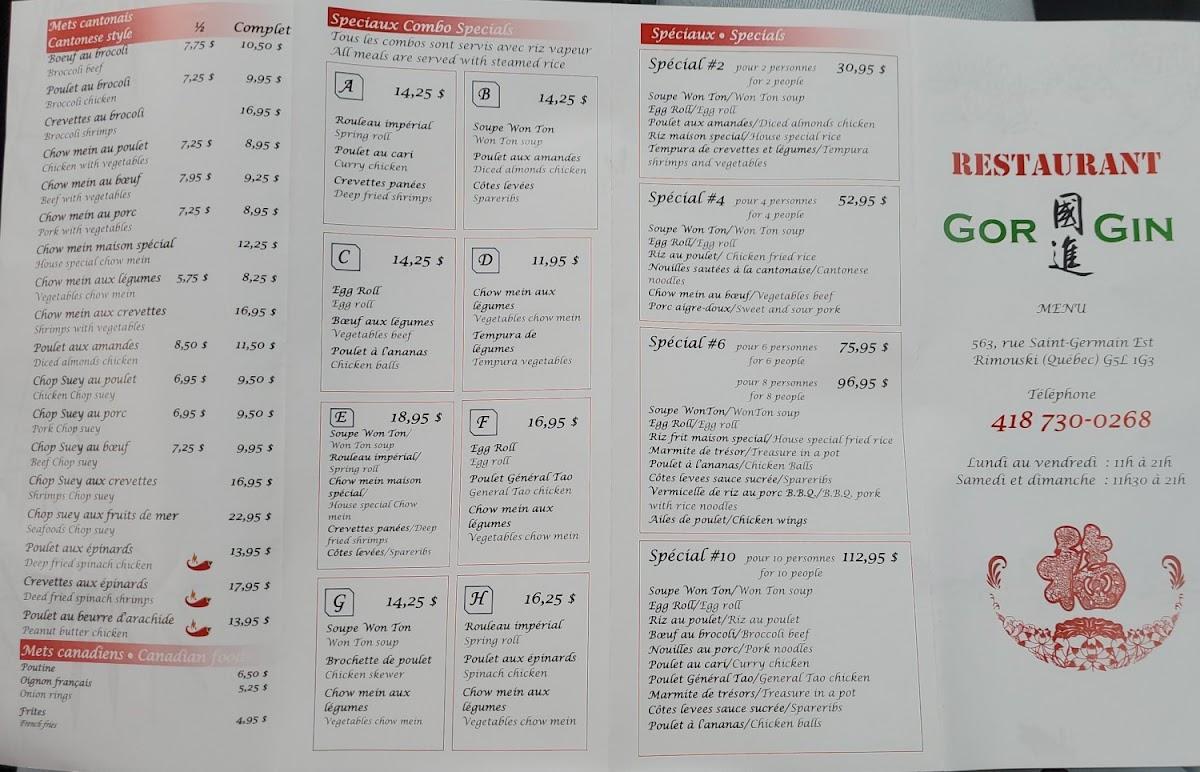 Menu au Restaurant Gorgin, Rimouski, 563 Rue St Germain