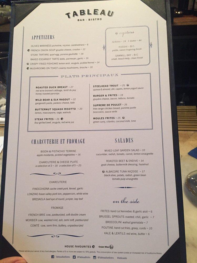 Menu at Tableau Bar Bistro, Vancouver