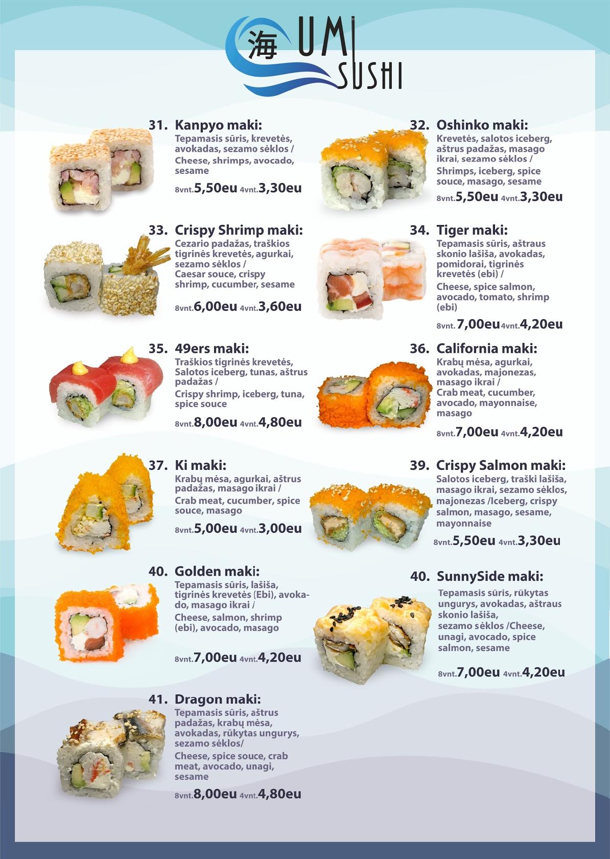 Menu at UMI Sushi restaurant, Vilnius