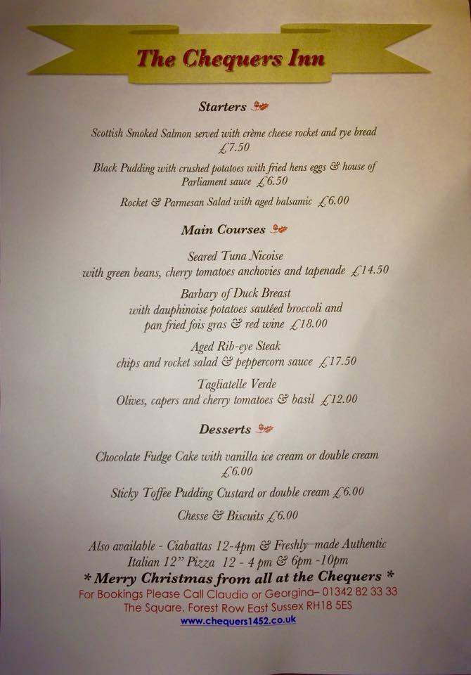 Menu at Chequers Inn Hotel pub & bar, Forest Row