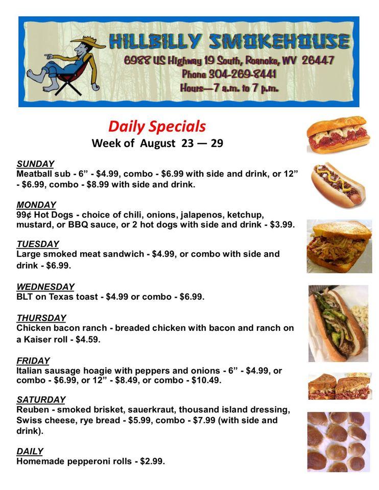 Menu at Hillbilly Smokehouse restaurant, USA, US Highway 19S