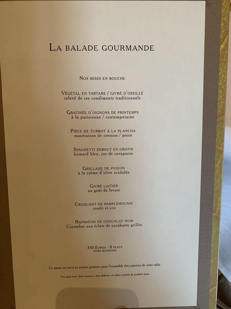 Menu at Le Cinq restaurant, Paris, 31 Av. George V
