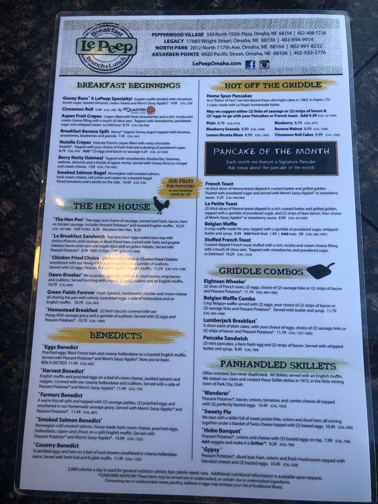 Menu at Le Peep Omaha - Legacy restaurant, Omaha, Wright St
