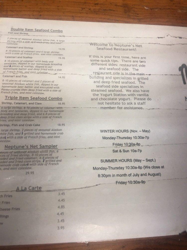 Menu at Neptune's Net restaurant, Malibu