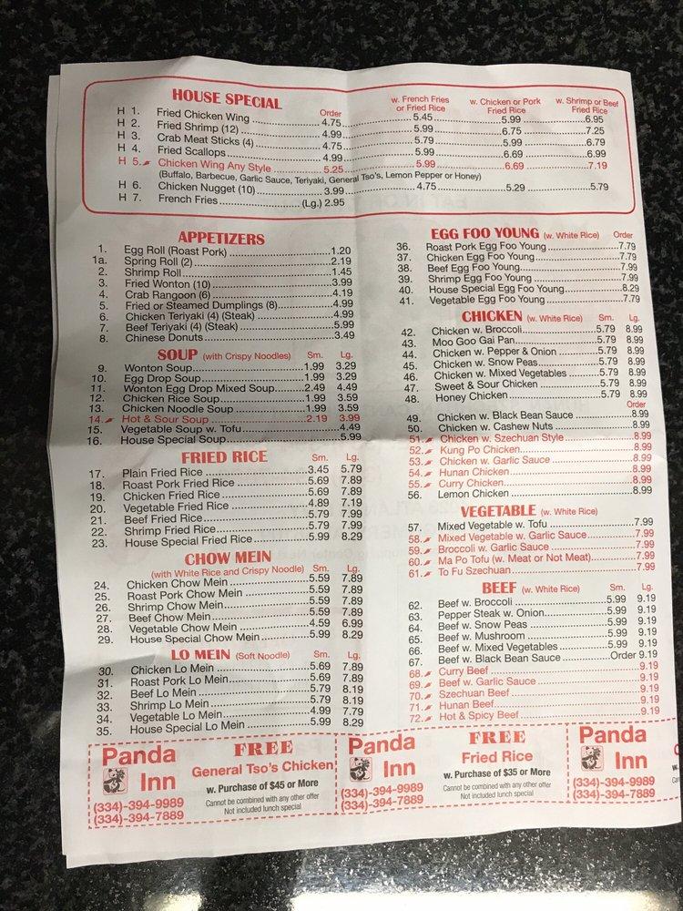Menu at Panda Inn restaurant, Montgomery, Atlanta Hwy