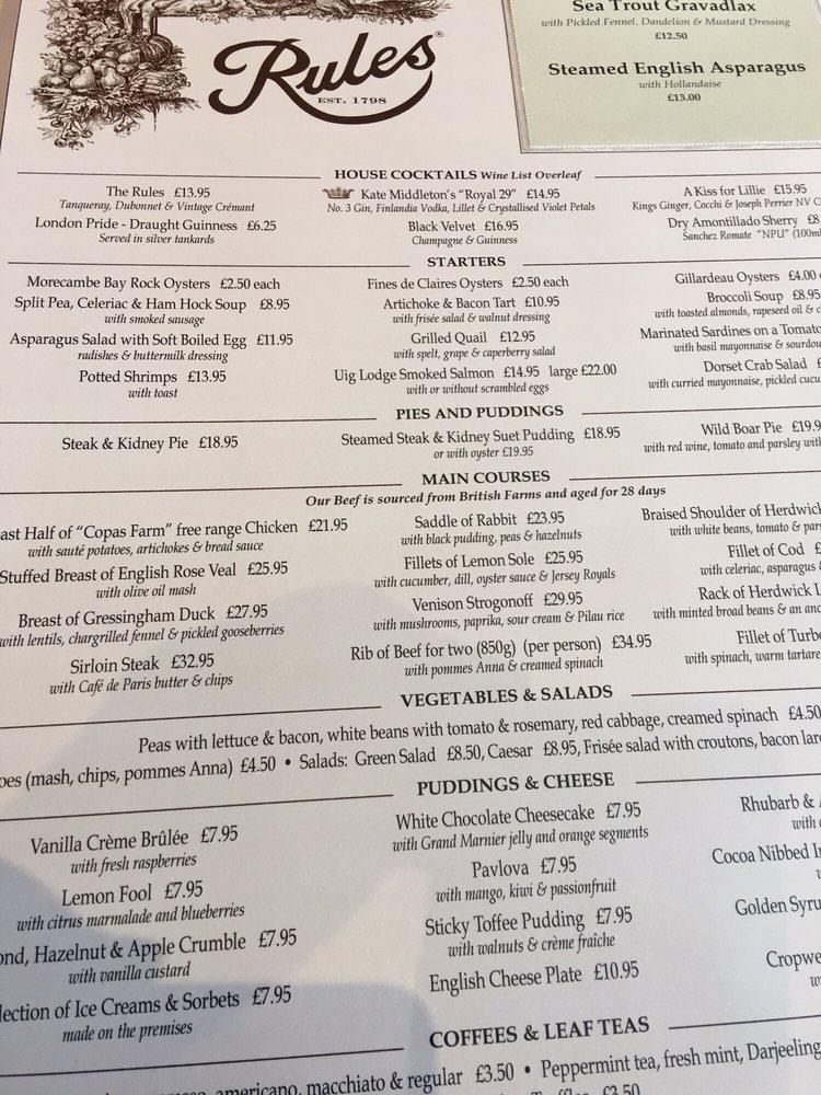 Menu at Rules pub & bar, London