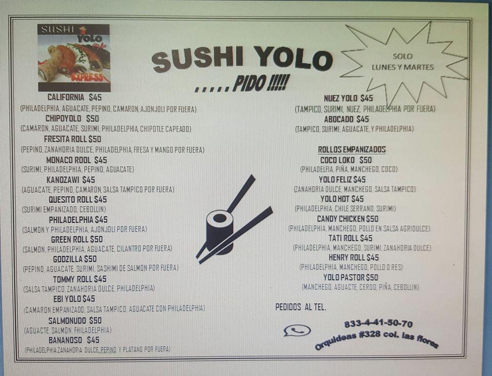 Menu at Sushi yolo restaurant, Tampico