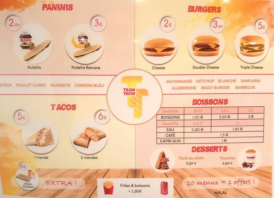 Menu at Team Tacos restaurant, Narbonne