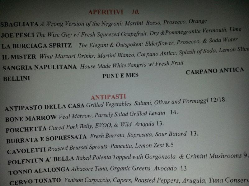 Menu at Bella Trattoria restaurant, San Francisco