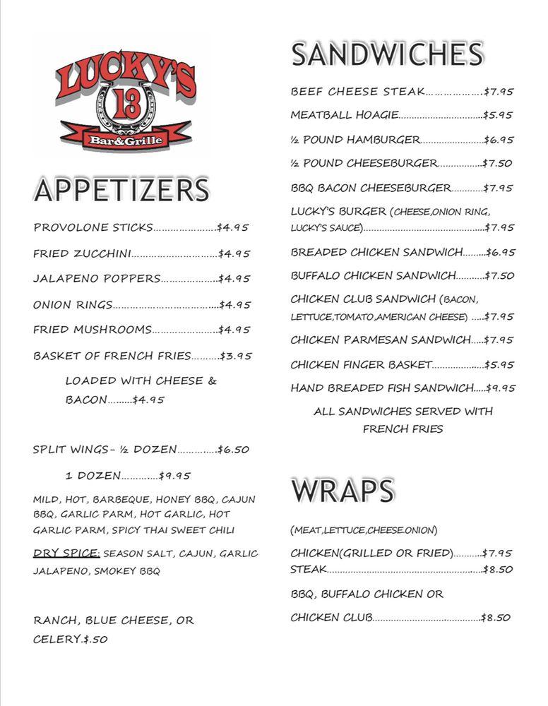 Menu at Lucky’s Bar & Grille, Pittsburgh