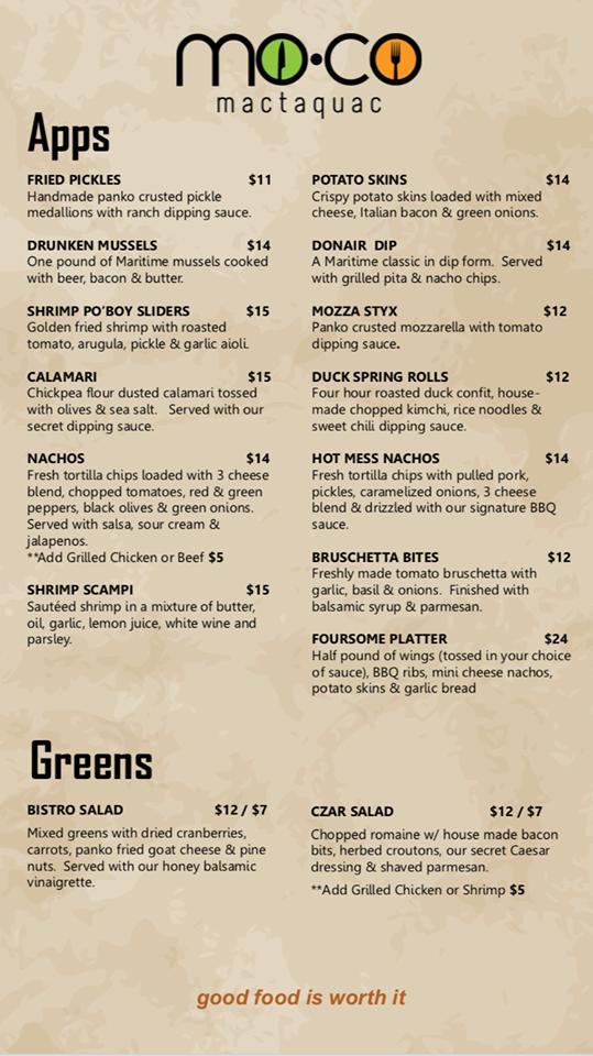 Menu at Moco Kitchen at Mactaquac restaurant, Mactaquac