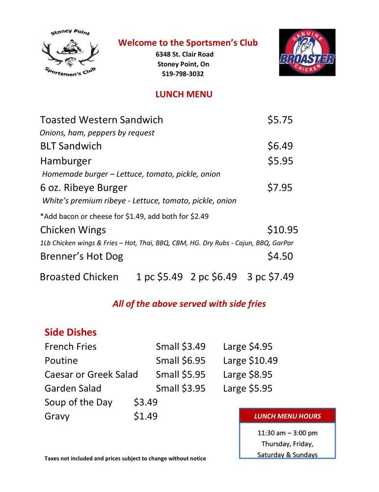 Menu at Stoney Point Sportsmen's Club, Lakeshore