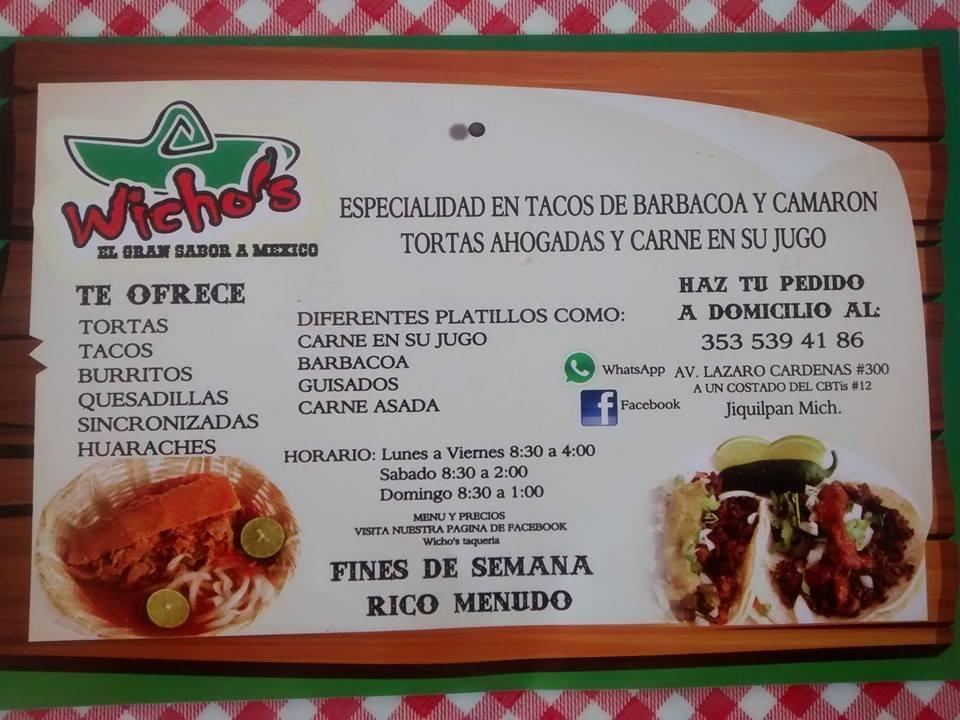 Menu at Wicho's taqueria restaurant, Jiquilpan