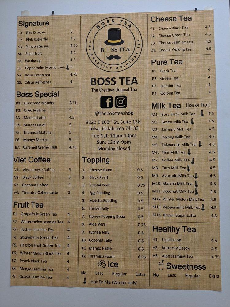 Menu at Boss Tea, Tulsa