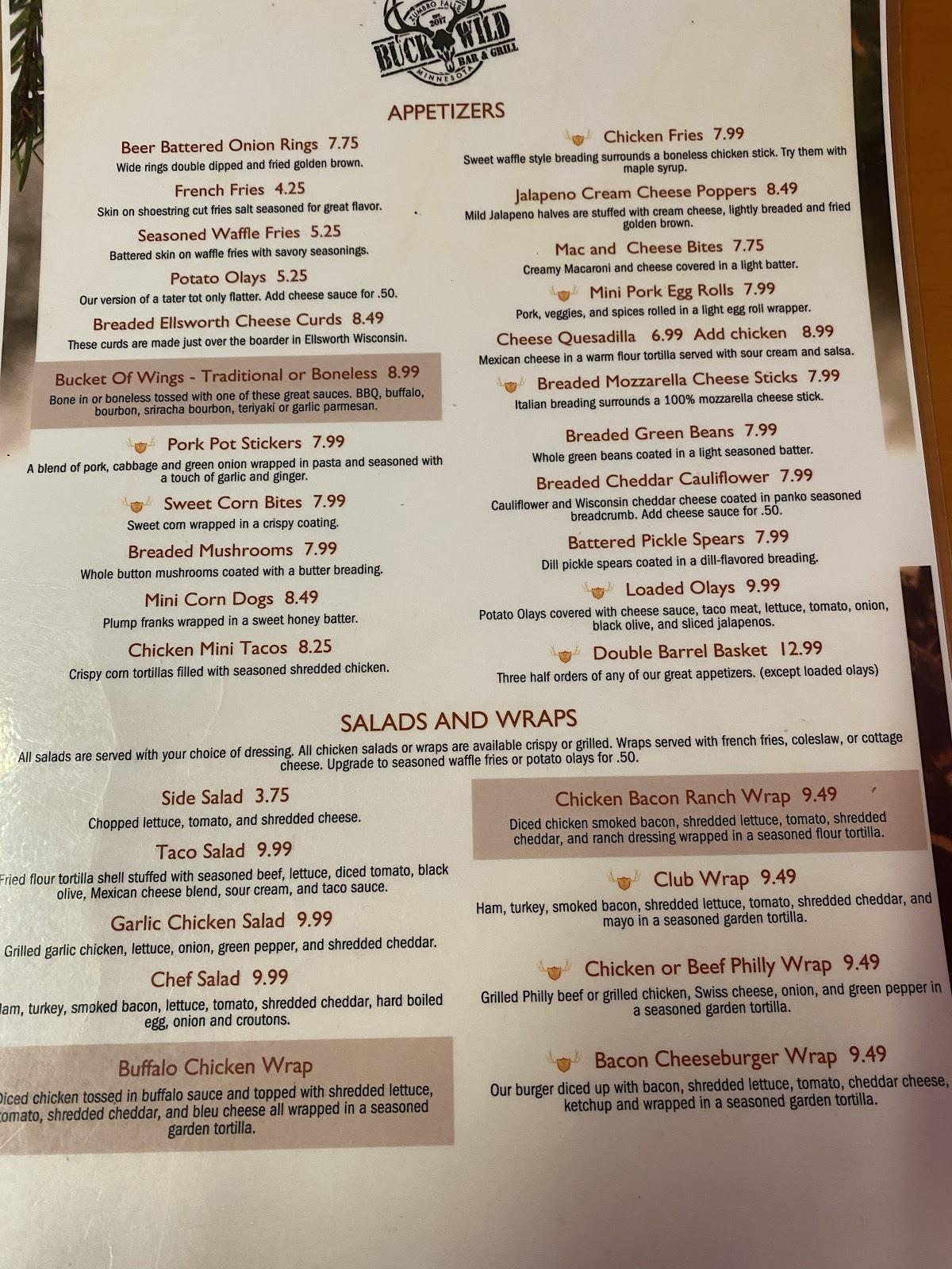 Menu at Buck Wild Bar and Grill, Zumbro Falls