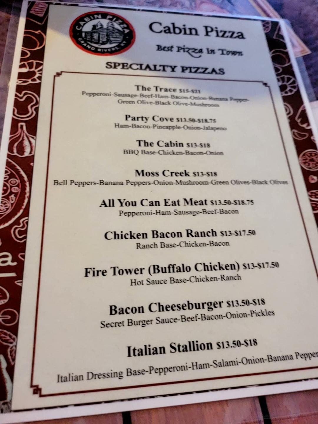 Menu at Cabin Pizza pizzeria, Grand Rivers, J H O'Bryan Ave