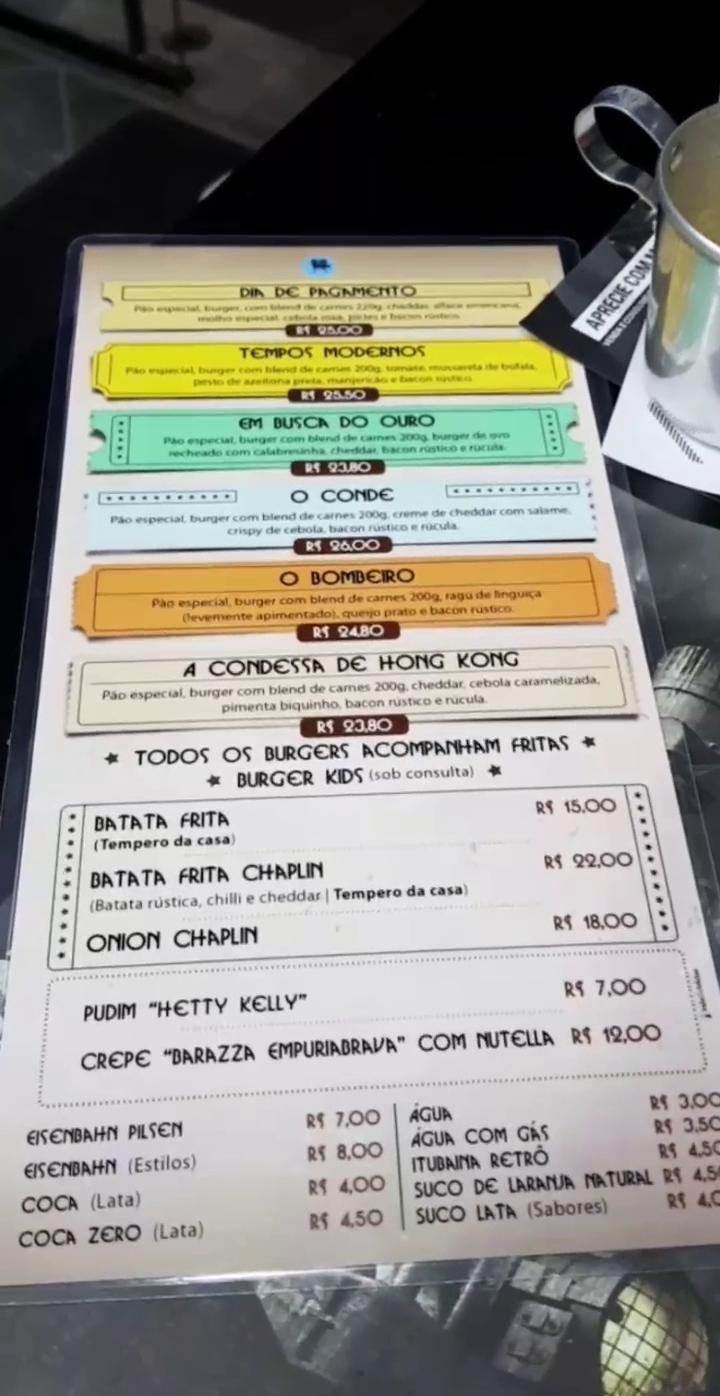 Menu em Chaplin Burger restaurante, Agudos
