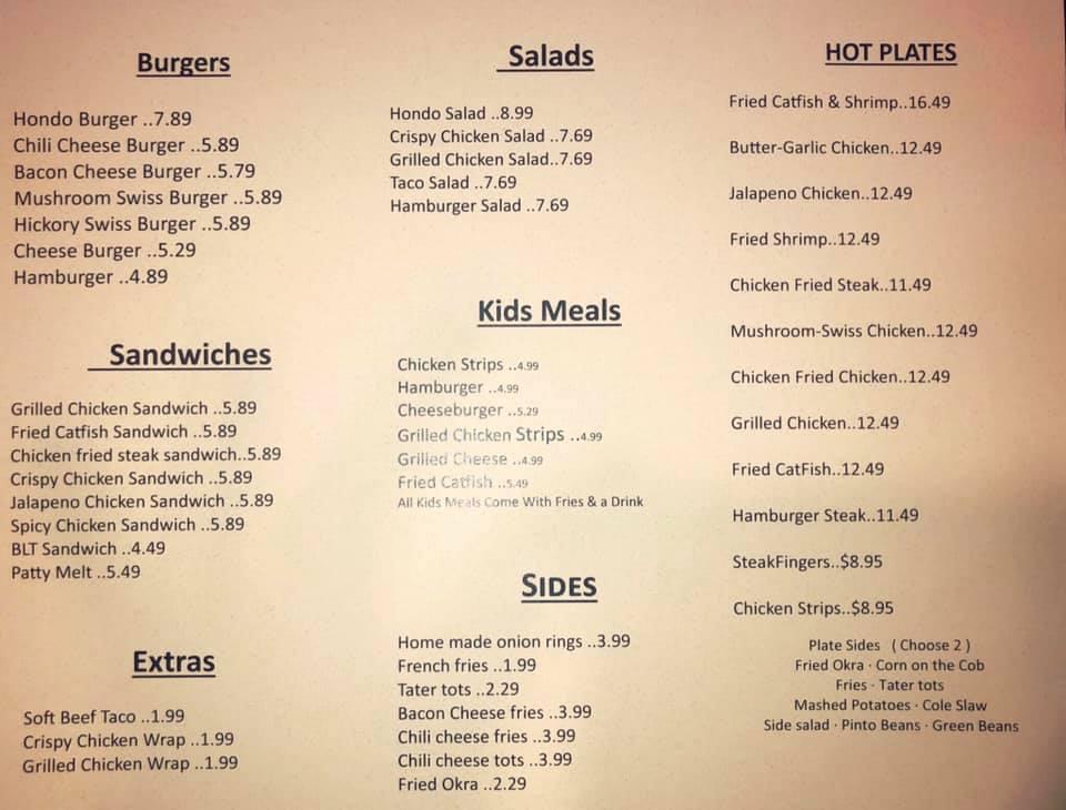Menu at Hondo & Shorty's restaurant, Bullard