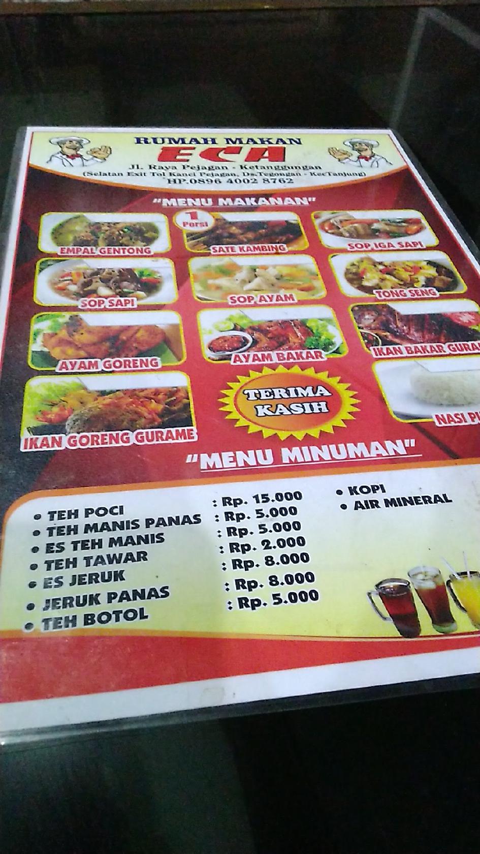 Menu at RM Eca restaurant, Sutamaja