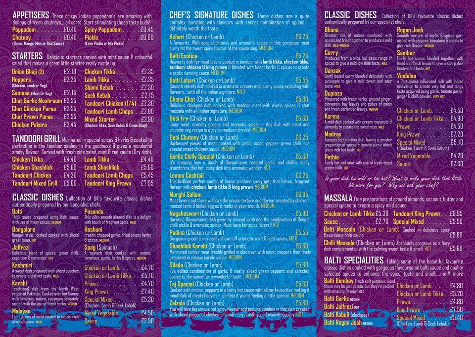 Menu at Taj Balti Glossop fast food, Glossop