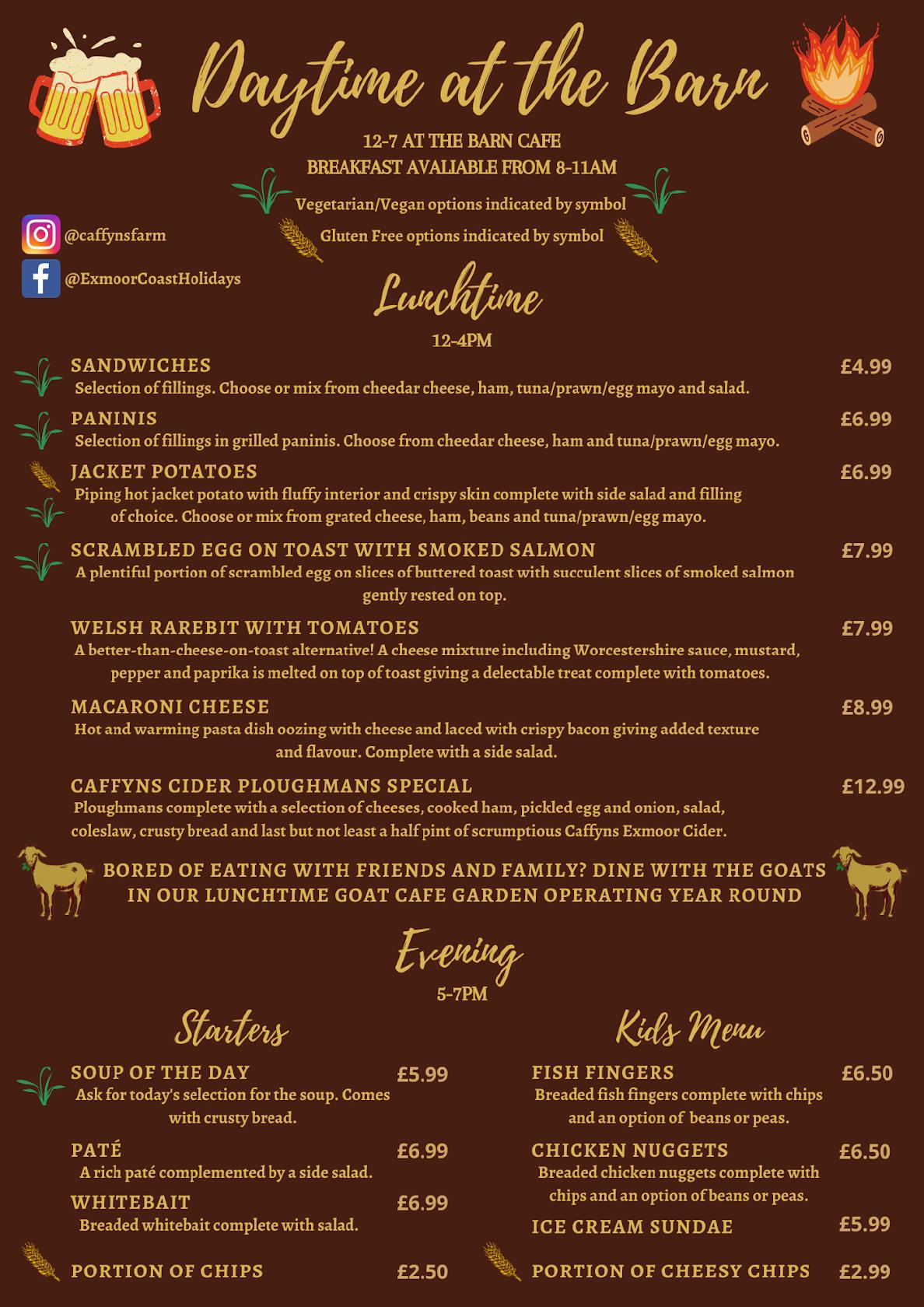 Menu at The Barn Restaurant and Goat Garden Cafe, Lynton and Lynmouth