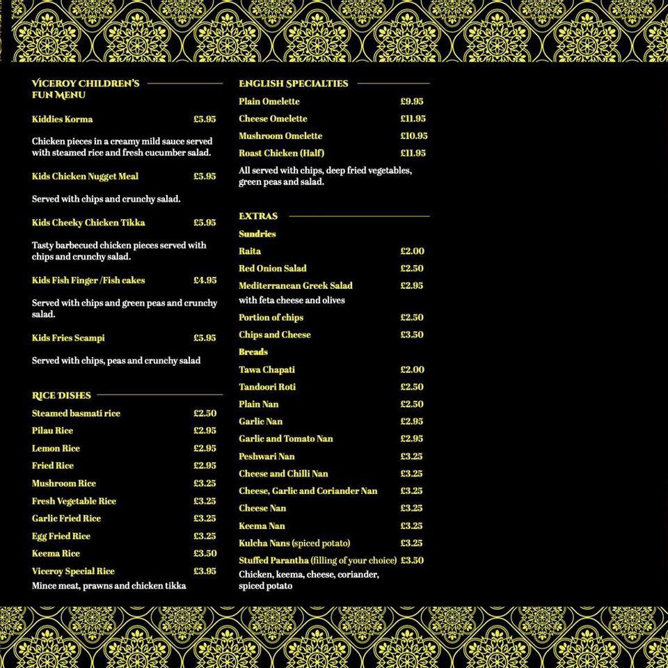 Menu at The Viceroy restaurant, Derby, 8 - 9 Midland Rd